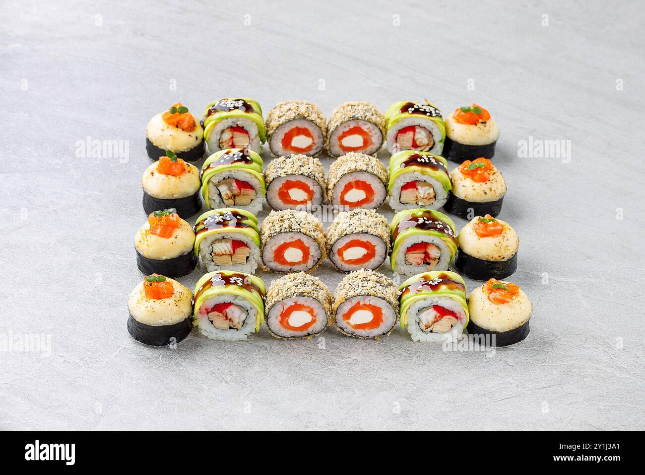 Hawaiian salmon poke bowl with avocado, Top view, gray background Stock ...