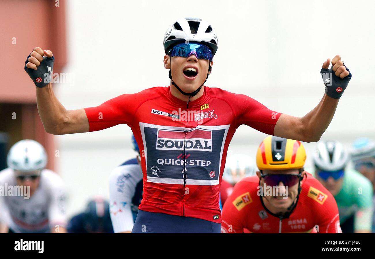 Paul Magnier of team Soudal Quick-Step celebrates winning stage five of ...