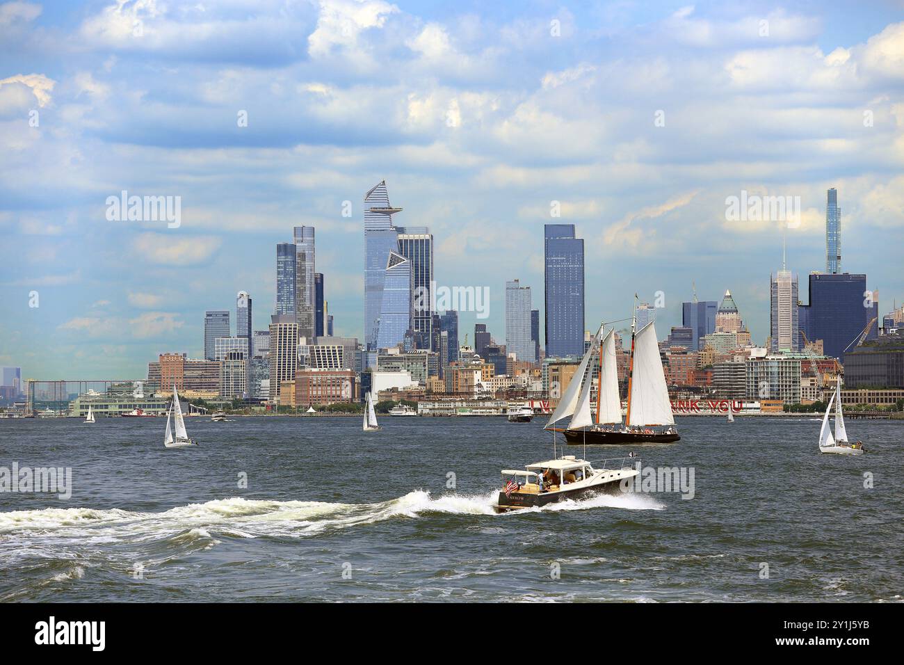 Recreational boats in New York harbor off of Battery Park in lower ...