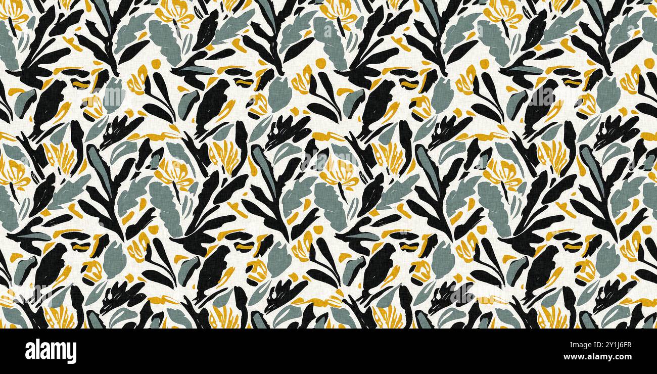 Modern printed fabric flower block print pattern with linen texture ...
