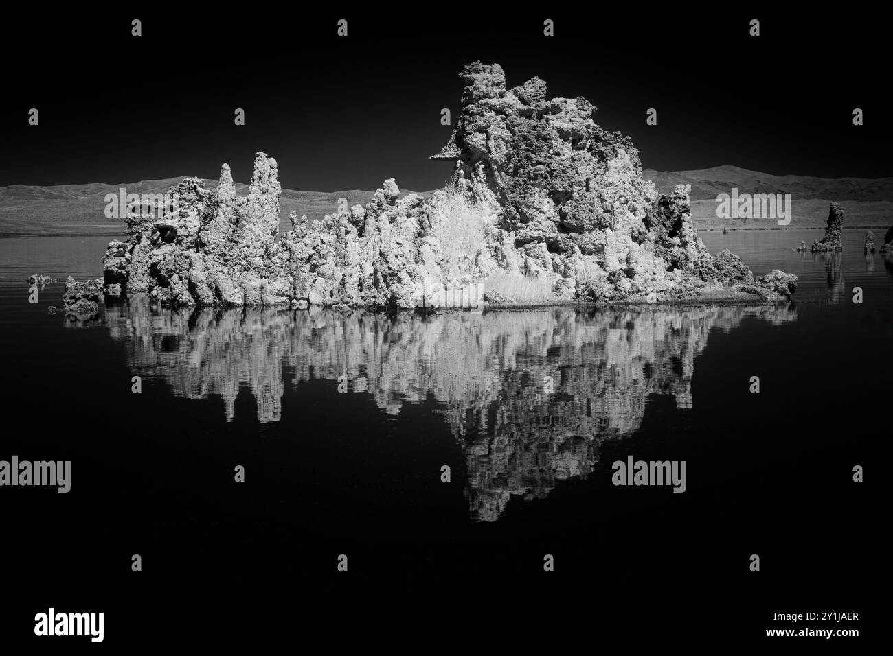 Tufa formation in Mono Lake in California photographed in black and ...