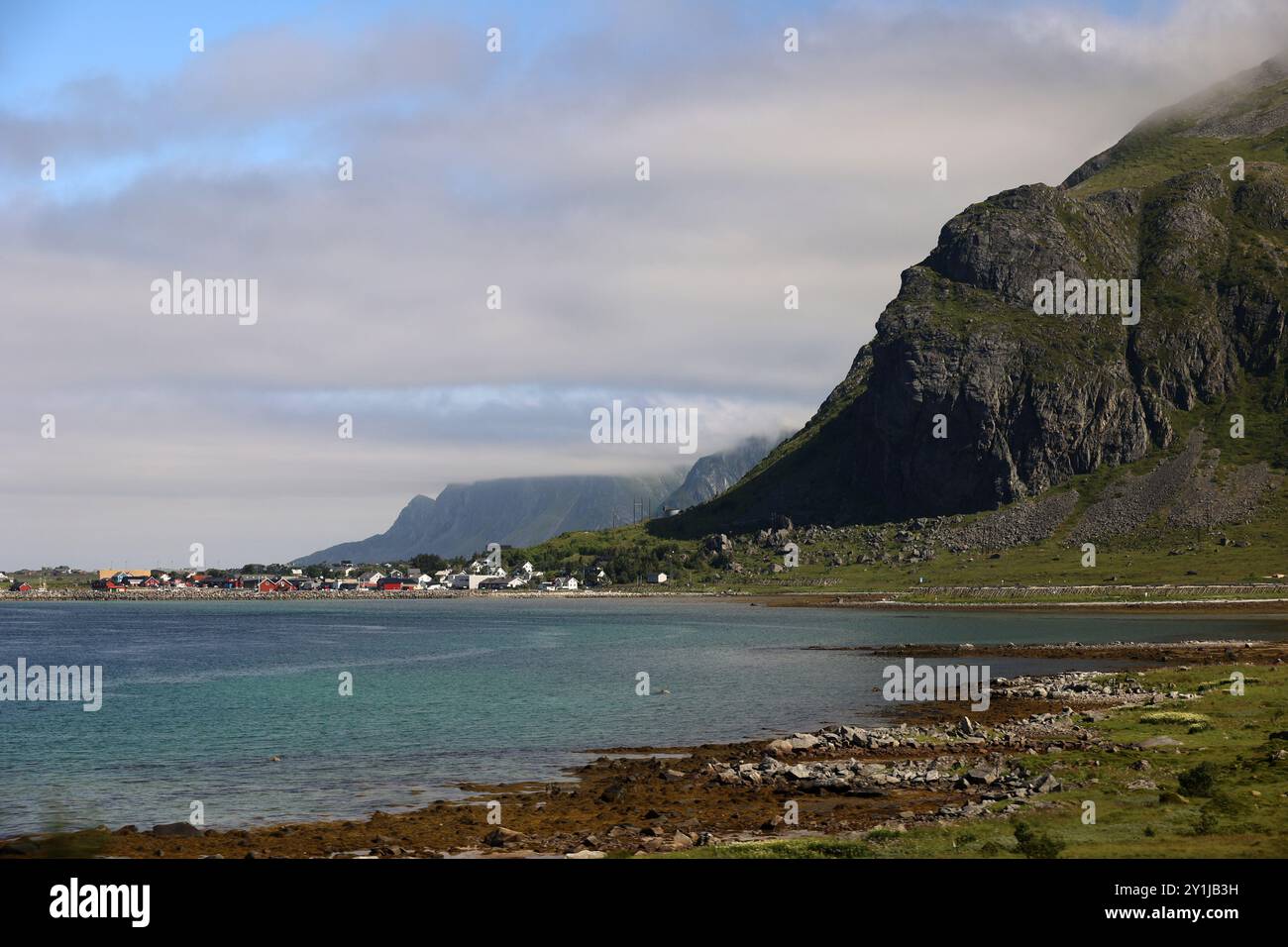 Coastal landscape of the small community of Flakstad on the Lofoten ...