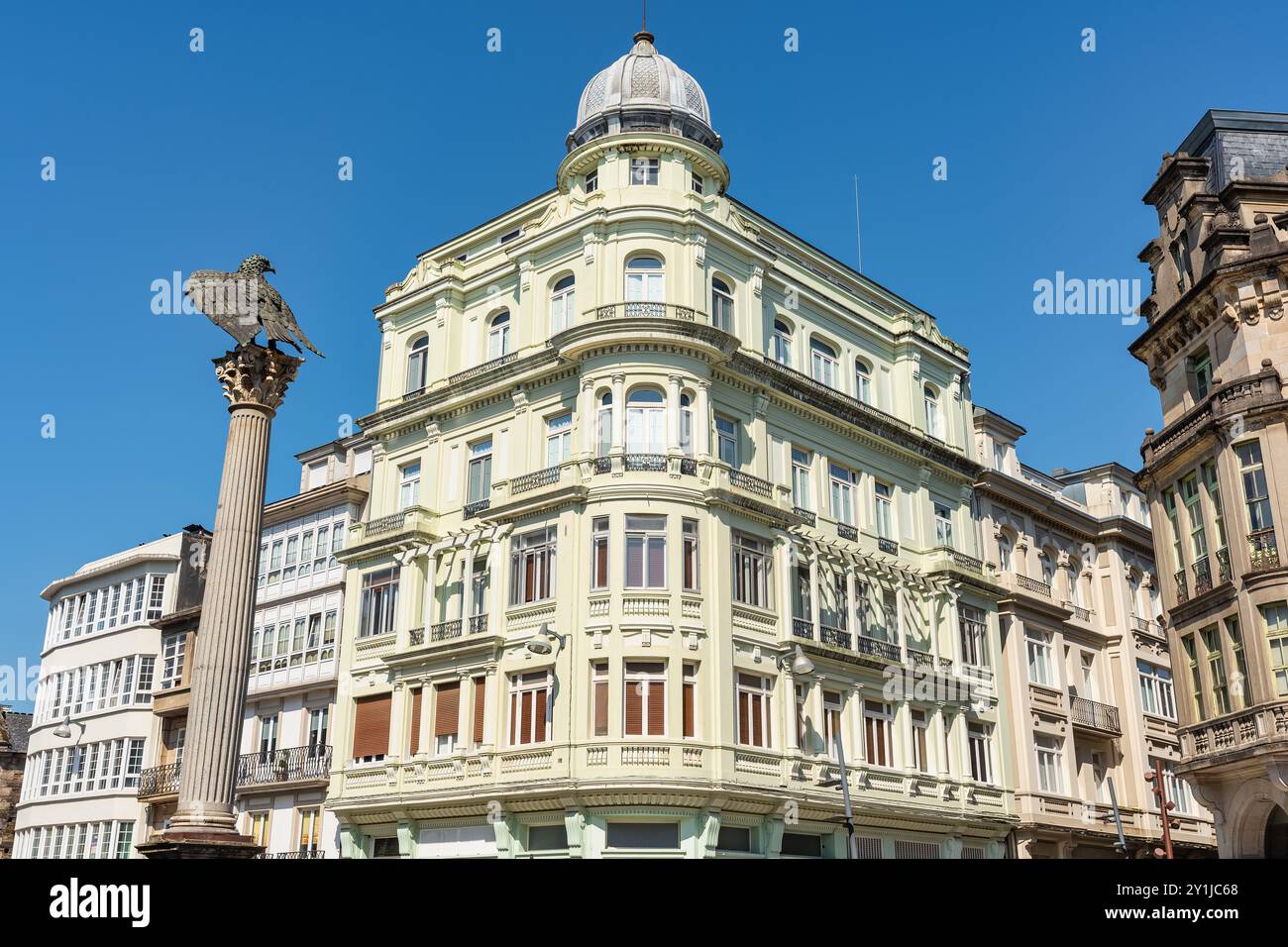 Old town of the city of Lugo, with old buildings in modernist style ...