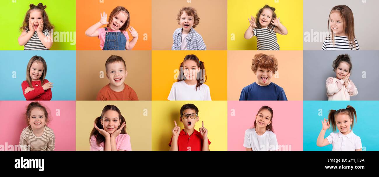 Many cute children on different colors backgrounds, collage of photos ...