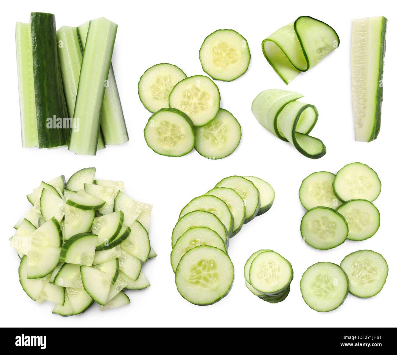 Fresh cucumbers isolated on white, collage. Different types of cuts ...
