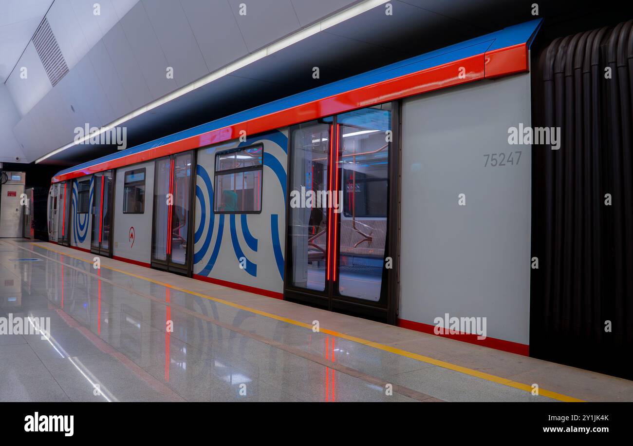 Russia, Moscow. August 20, 2024. Modern metro train on subway station ...