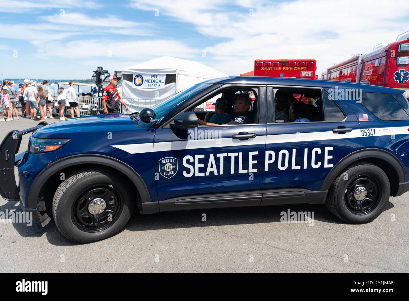 Seattle, WA, USA -July 3, 2024: Blue and white Seattle police car ...
