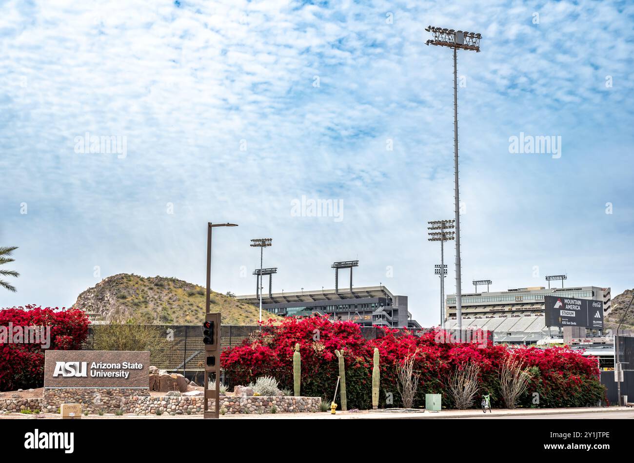 Phoenix, Arizona, USA - 3.23.2024: Focus on Sundevil logo with distant ...