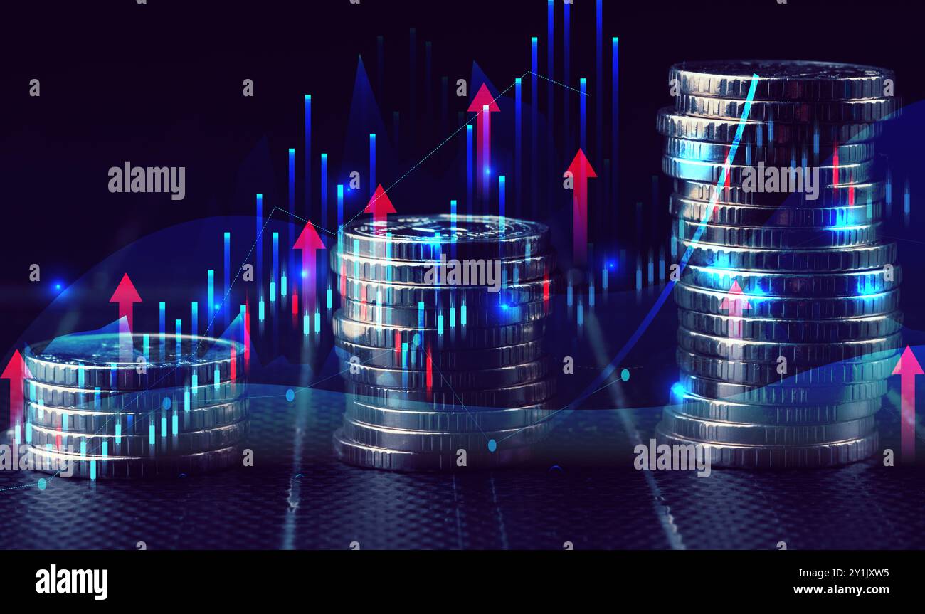 Stack of coins and chart with increasing indicators, high income in ...