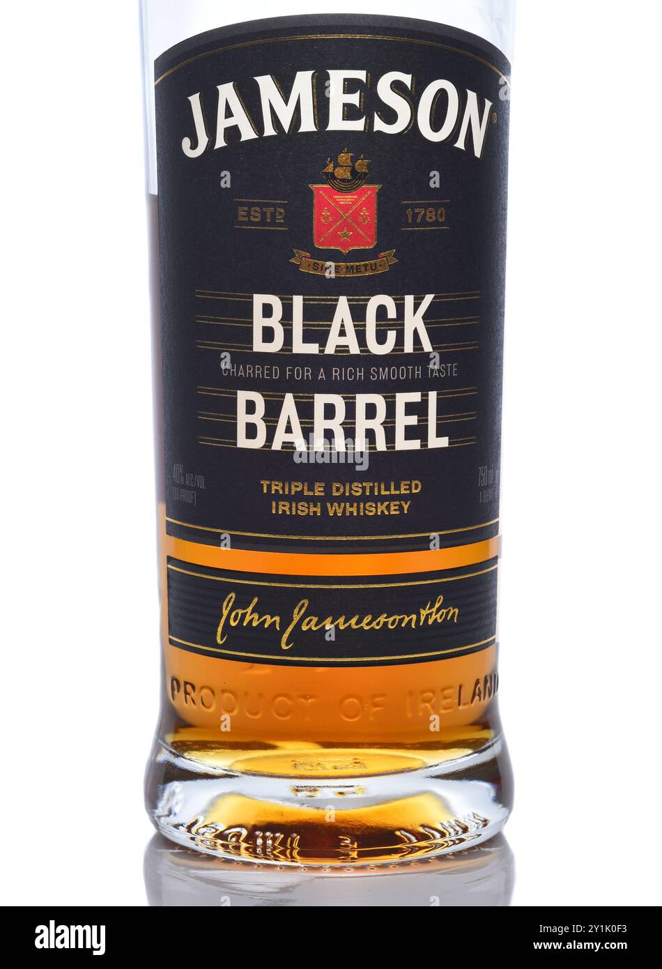 IRVINE, CALIFORNIA - 6 SEPT 2024: Closeup of a bottle of Jameson Black ...