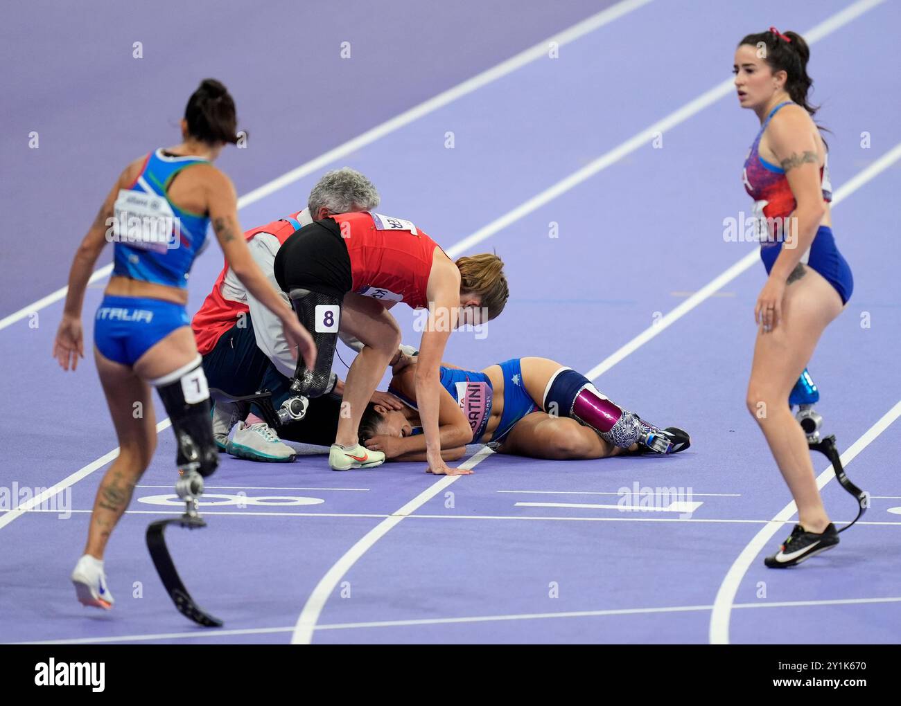 Italy's Ambra Sabatini appears upset after colliding with compatriot ...
