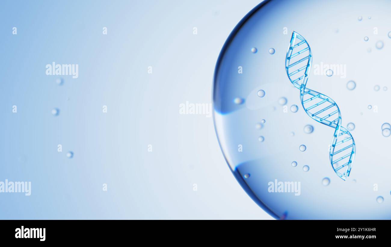DNA double helix strand in a cell on blue background. science and ...
