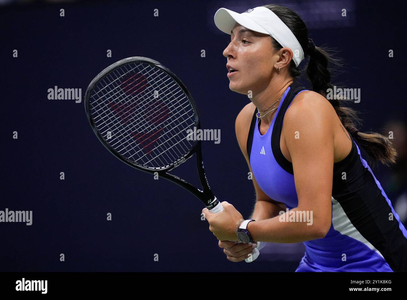 Jessica Pegula, of the United States, prepares for a serve from Aryna ...