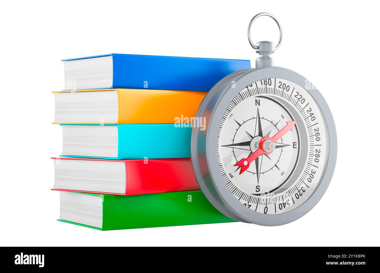 Compass with stack of books, 3D rendering isolated on white background ...
