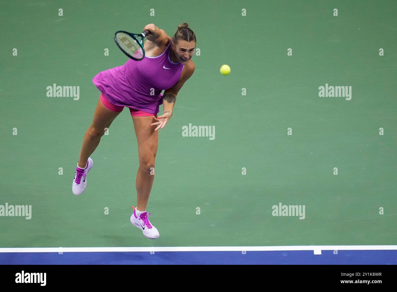 Aryna Sabalenka, of Belarus, serves to Jessica Pegula, of the United ...