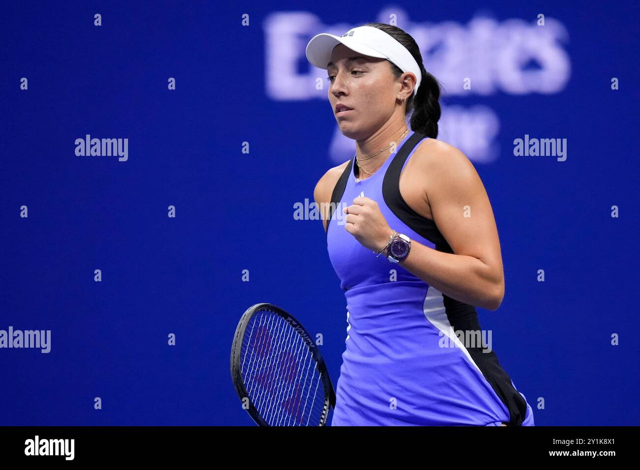 Jessica Pegula, of the United States, reacts after breaking the serve ...