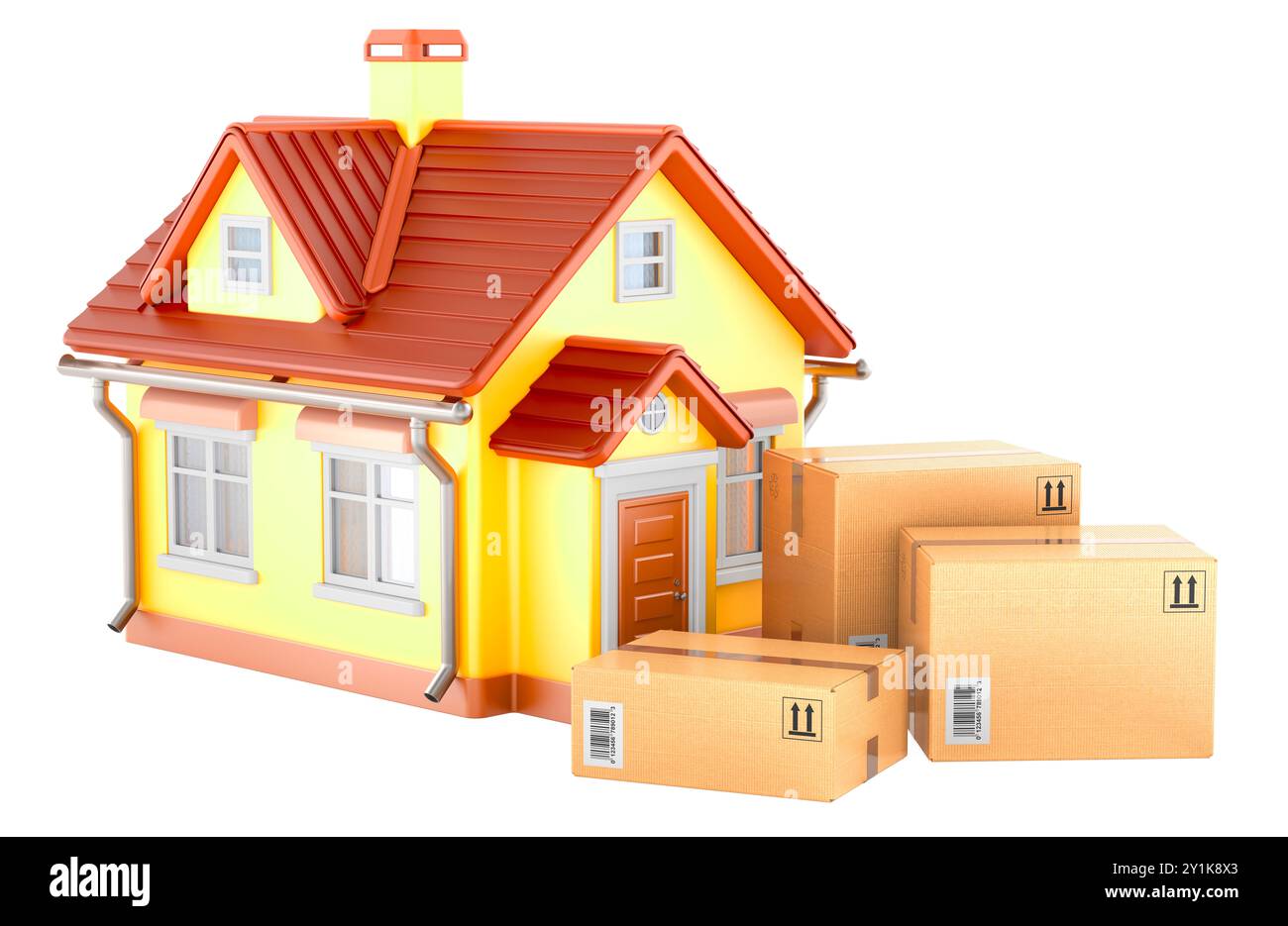 Home delivery, concept. House with parcels, cardboard boxes. 3D rendering isolated on white ...