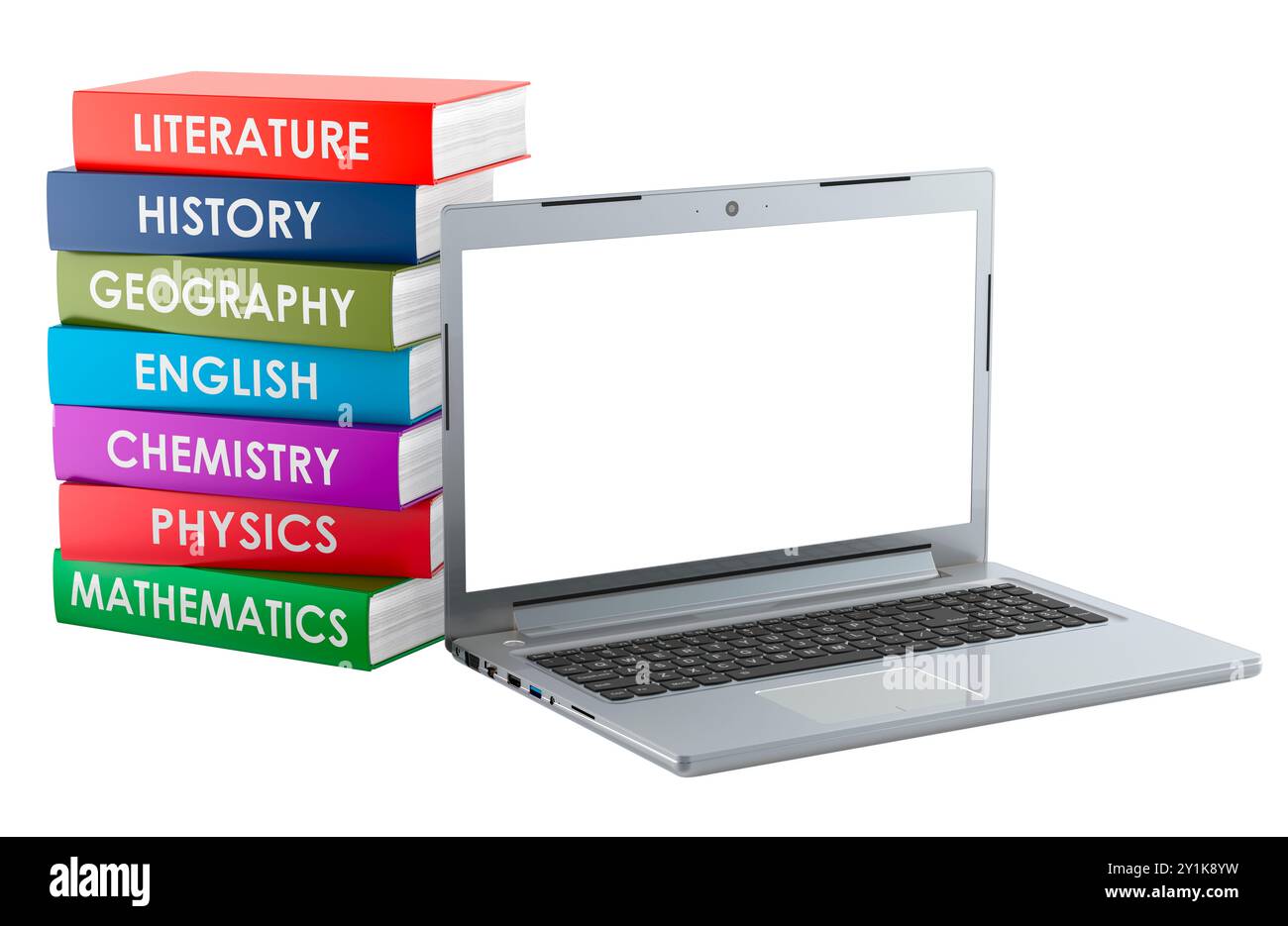 Stack of textbooks and laptop with white screen, 3D rendering isolated ...