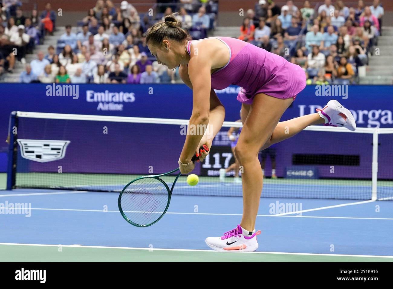 Aryna Sabalenka, of Belarus, returns a shot to Jessica Pegula, of the ...