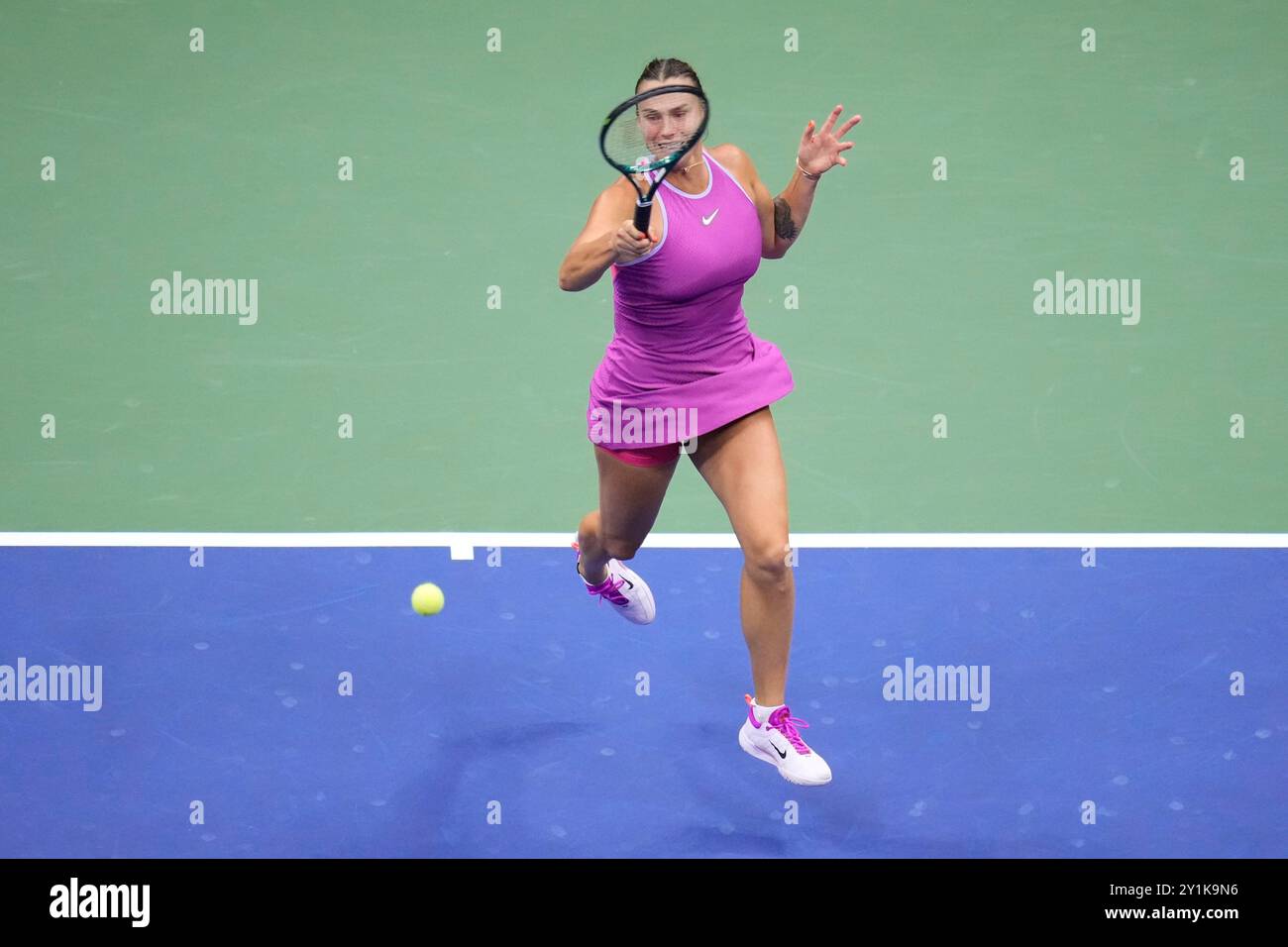 Aryna Sabalenka, of Belarus, returns a shot to Jessica Pegula, of the ...