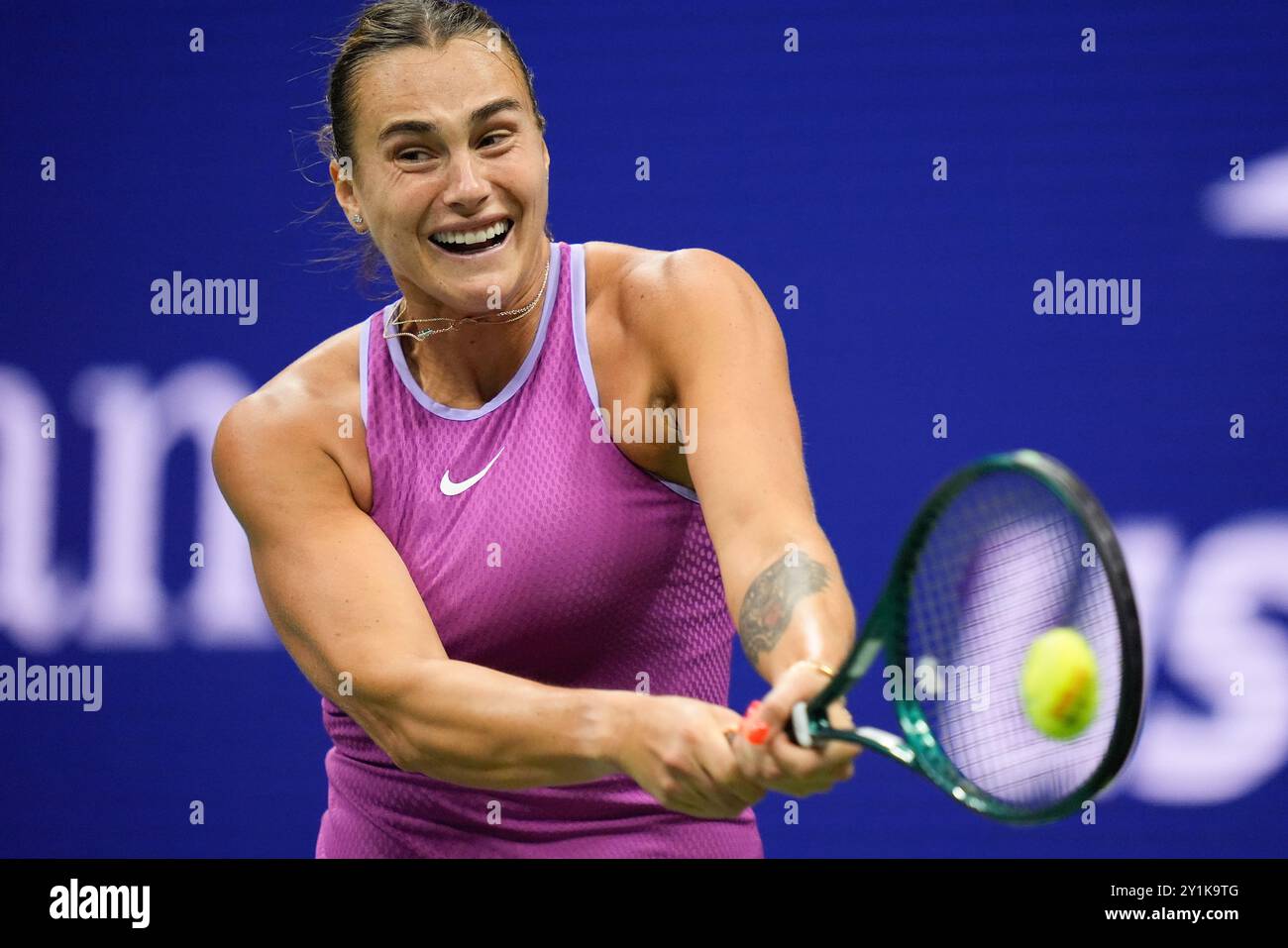 Aryna Sabalenka, of Belarus, returns a shot to Jessica Pegula, of the ...