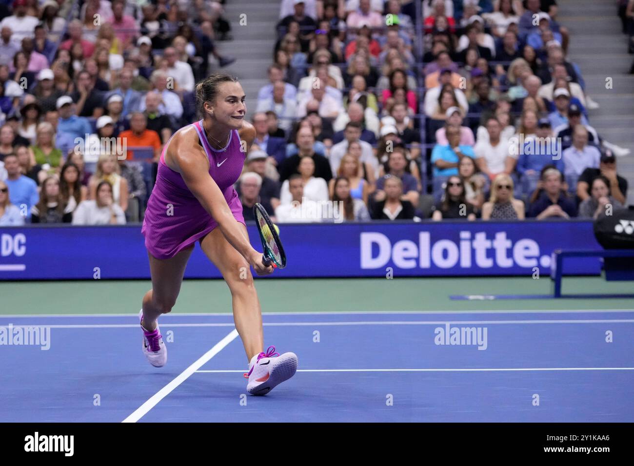 Aryna Sabalenka, of Belarus, returns a shot to Jessica Pegula, of the ...