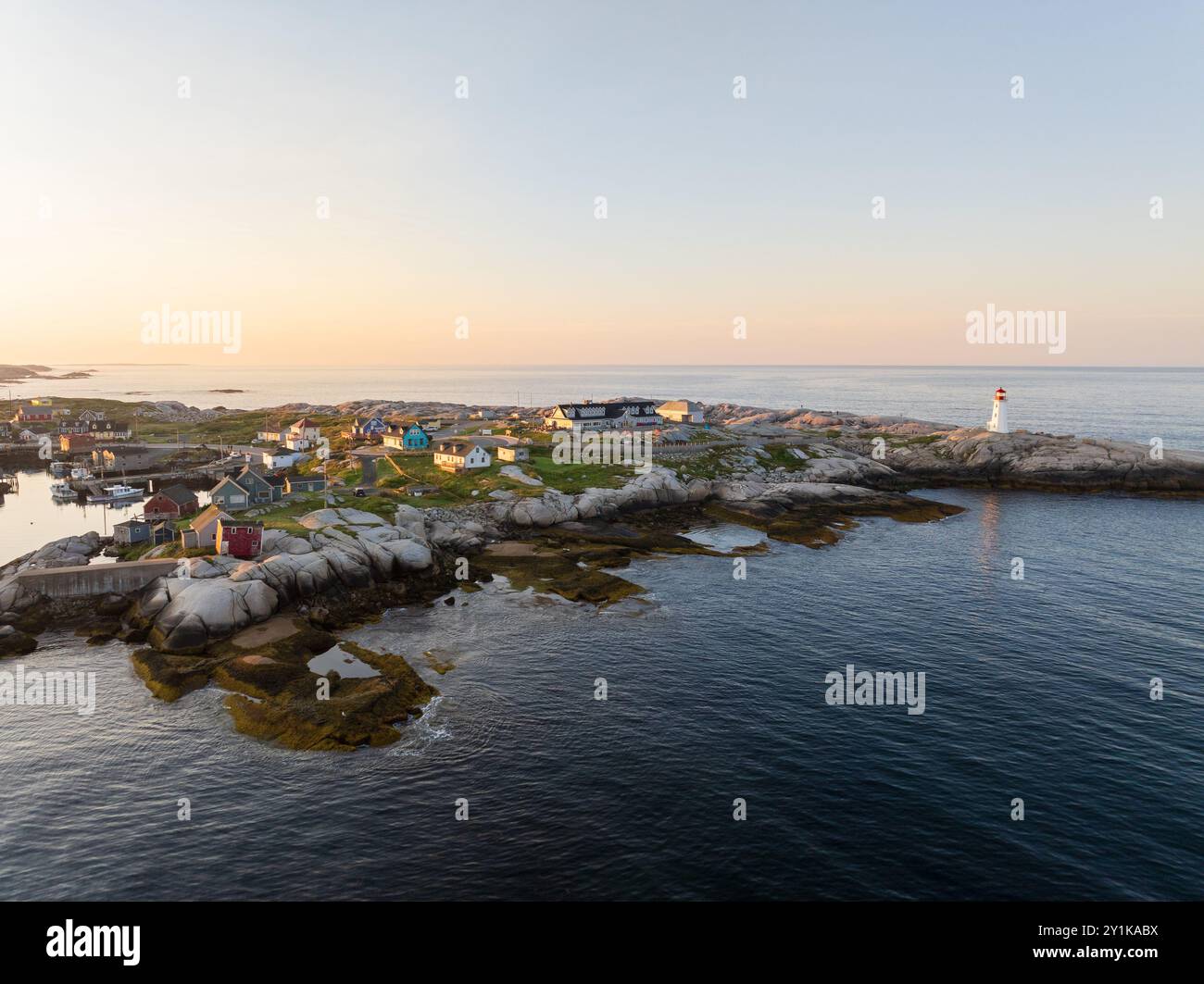 An aerial view of the picturesque fishing village of Peggy's Cove, with ...