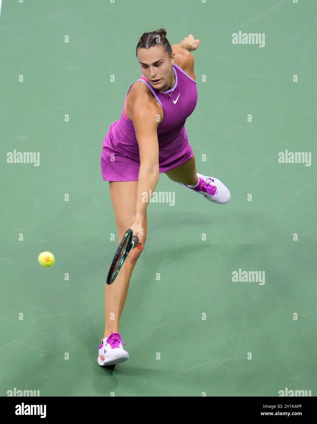 Aryna Sabalenka, of Belarus, returns a shot to Jessica Pegula, of the ...