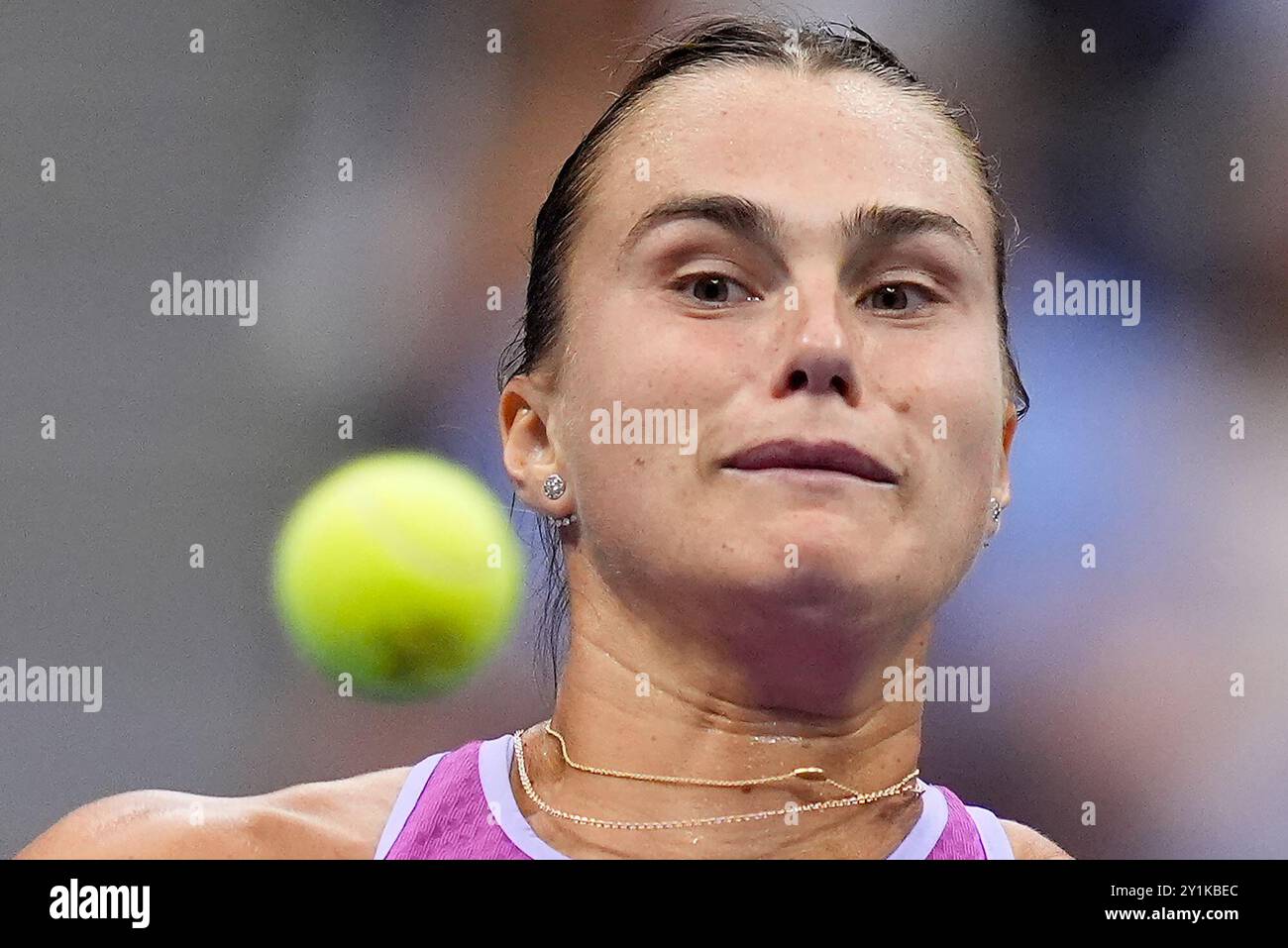 Aryna Sabalenka, of Belarus, returns a shot to Jessica Pegula, of the ...