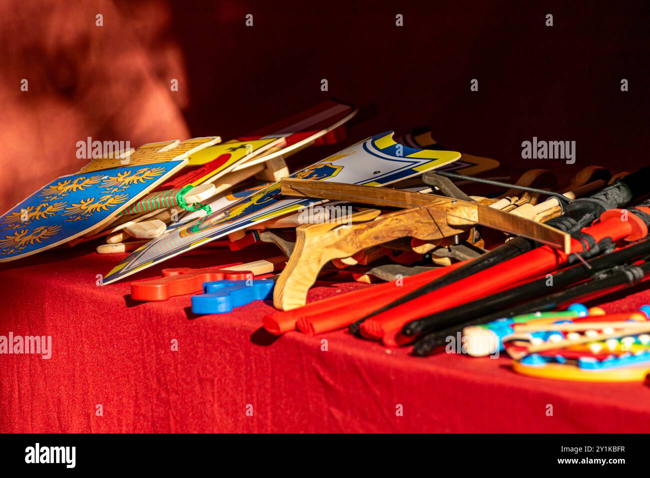 wooden toys imitating medieval weapons and shields Stock Photo - Alamy