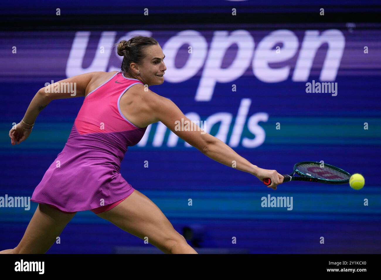 Aryna Sabalenka, of Belarus, returns a shot to Jessica Pegula, of the ...