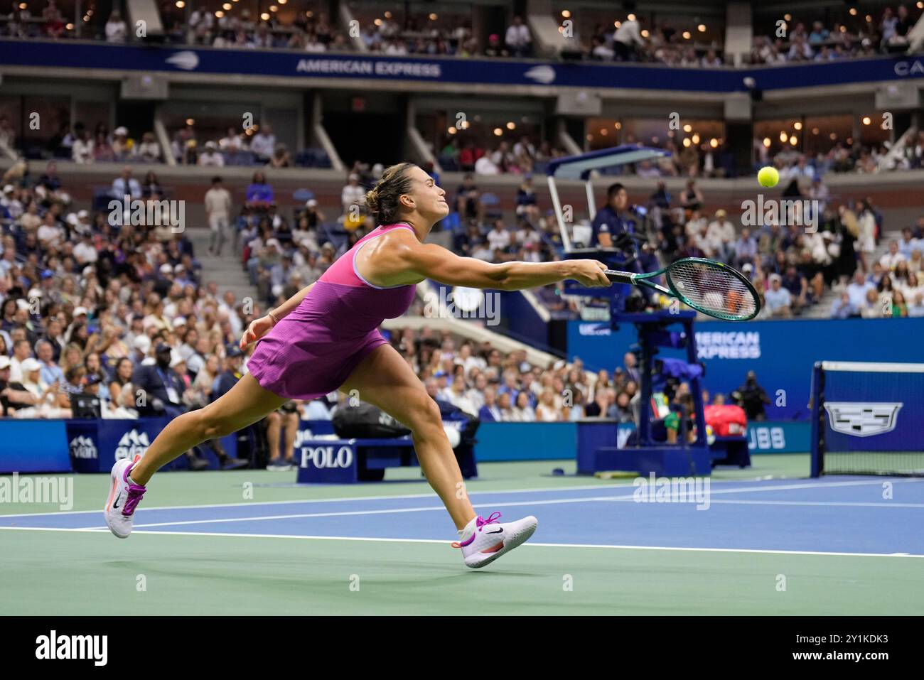 Aryna Sabalenka, of Belarus, returns a shot to Jessica Pegula, of the ...