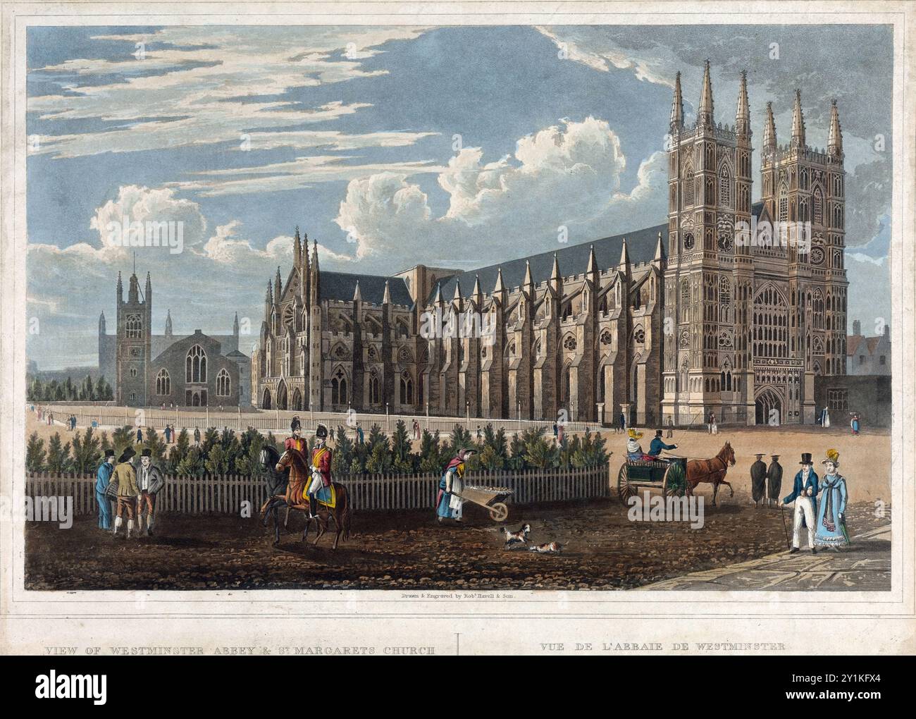 A print coloured engraving of Westminster Abbey and St Margarets Church ...