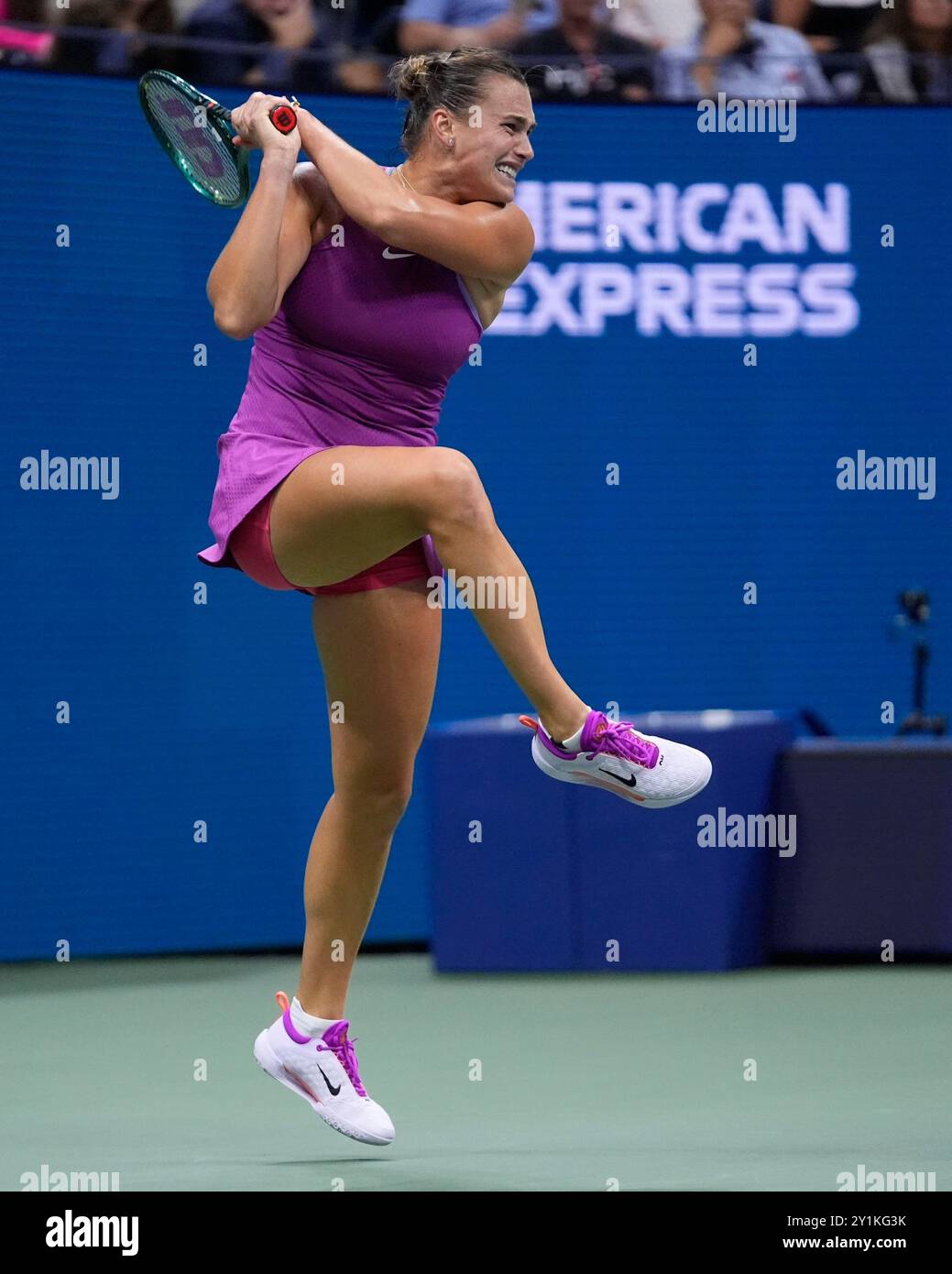 Aryna Sabalenka, of Belarus, returns a shot to Jessica Pegula, of the ...