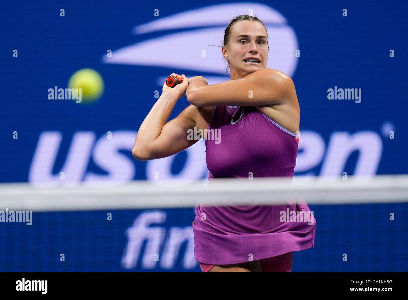 Aryna Sabalenka, of Belarus, returns a shot to Jessica Pegula, of the ...