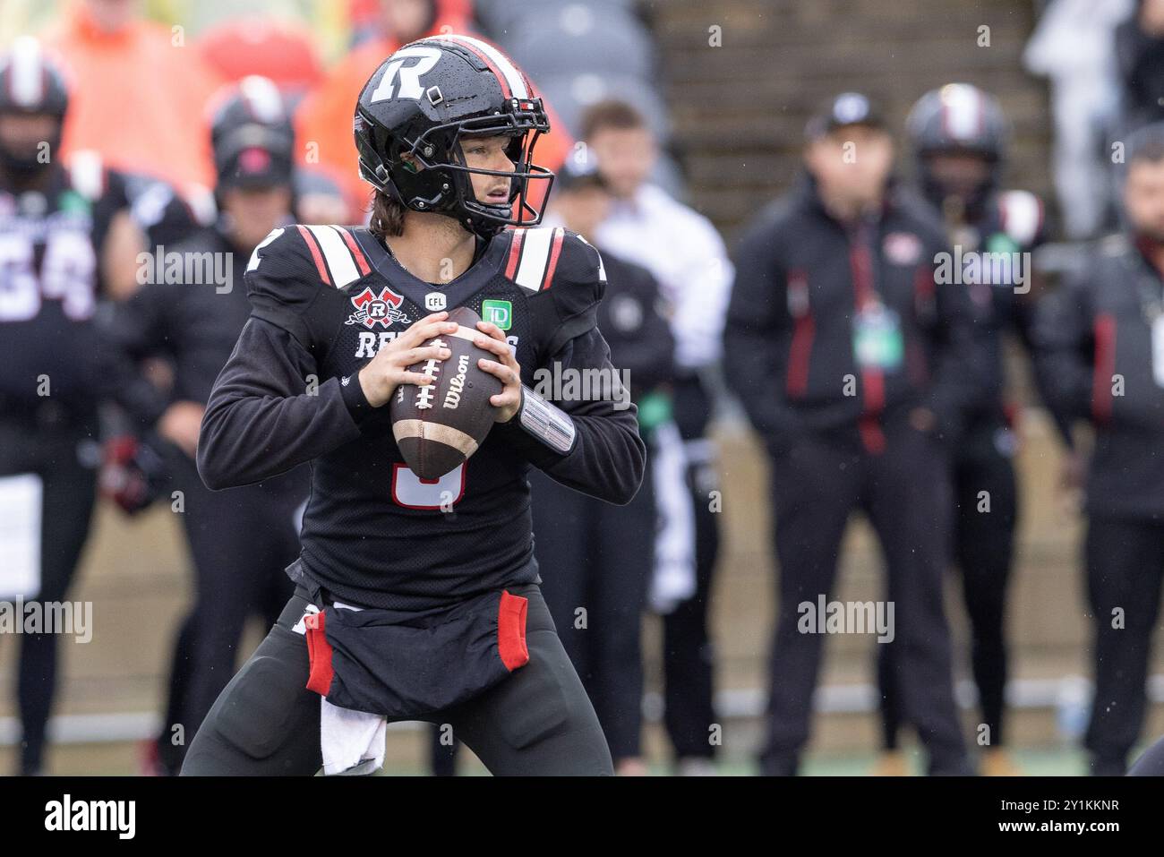 September 07, 2024: Ottawa Redblacks quarterback Dru Brown (3) sets to ...