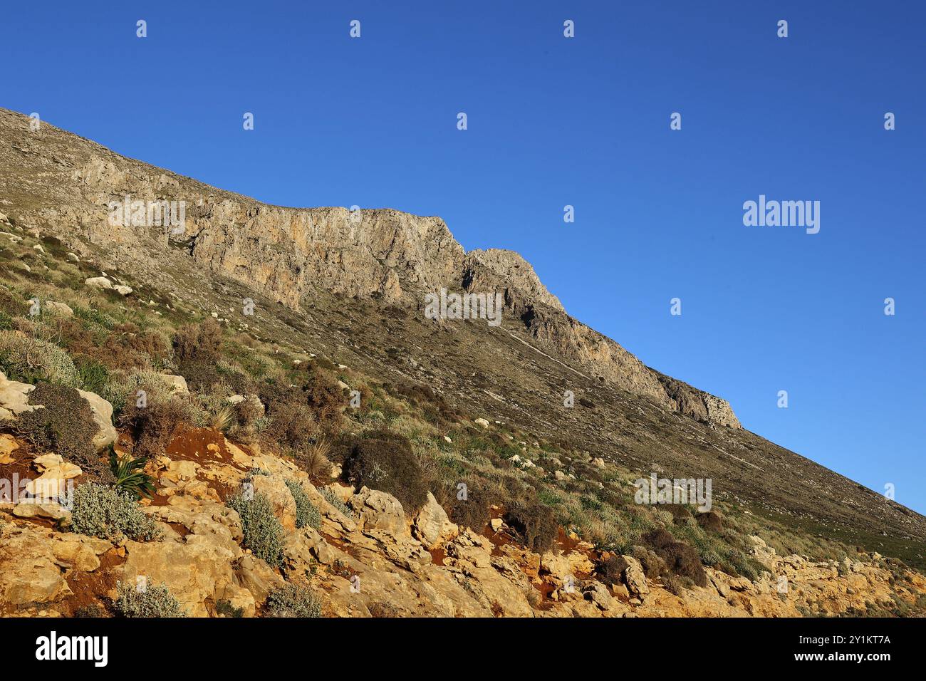 Rocky mountain landscape with bright blue sky, Gramvoussa peninsula ...