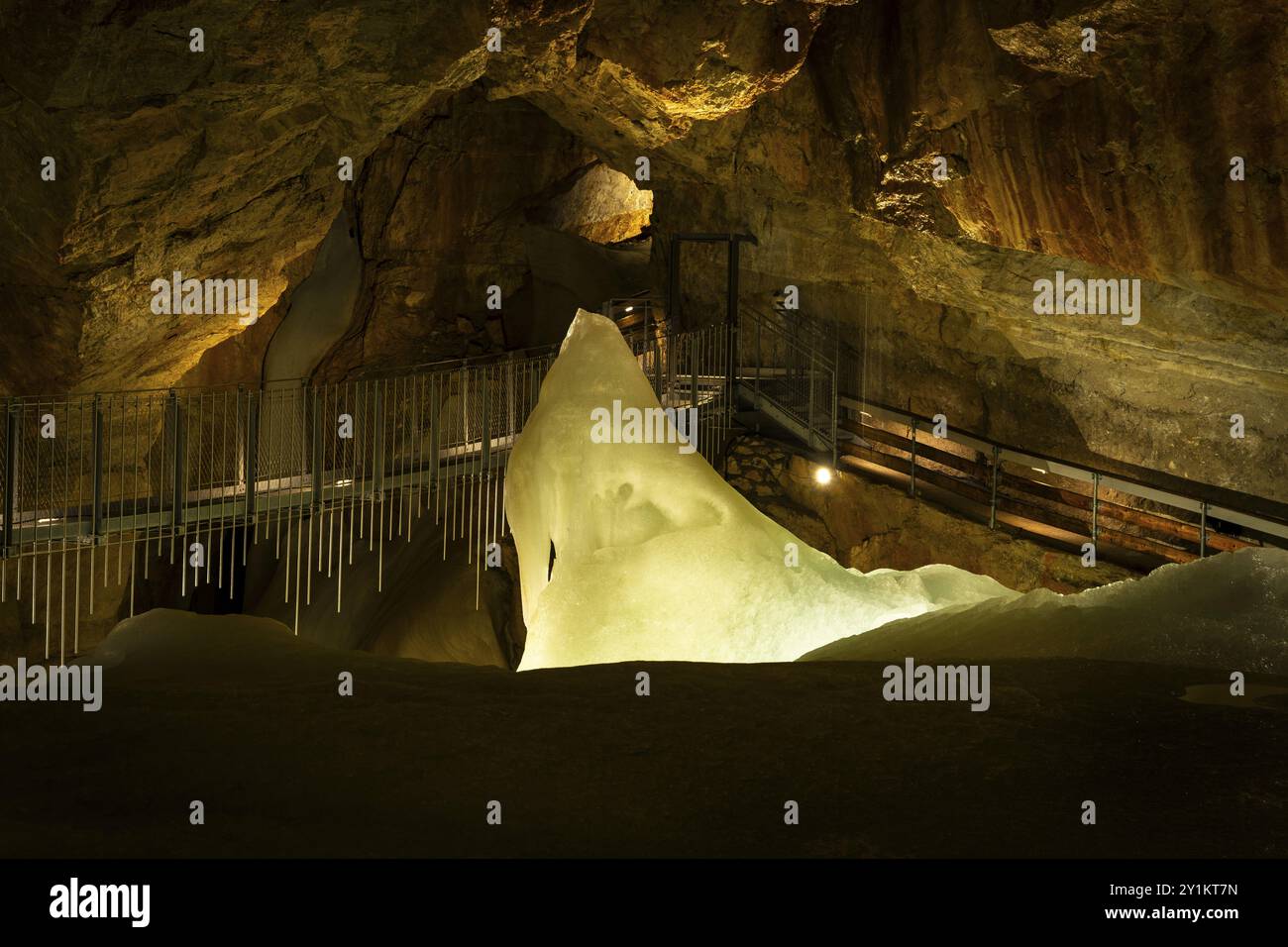 The illuminated Giant Ice Cave, a cave in the Dachstein massif. The ...