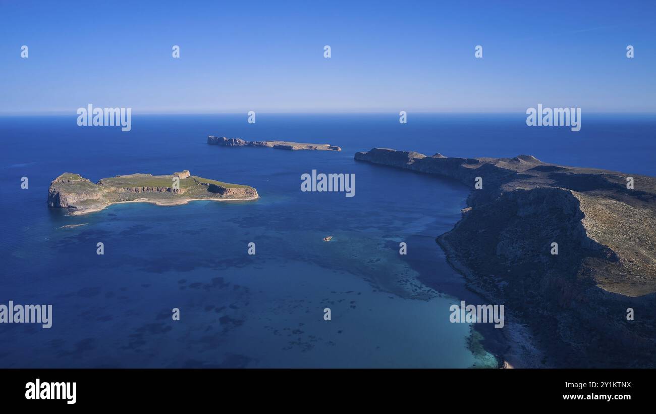 Drone shot, panoramic view of two islands, one with green vegetation ...