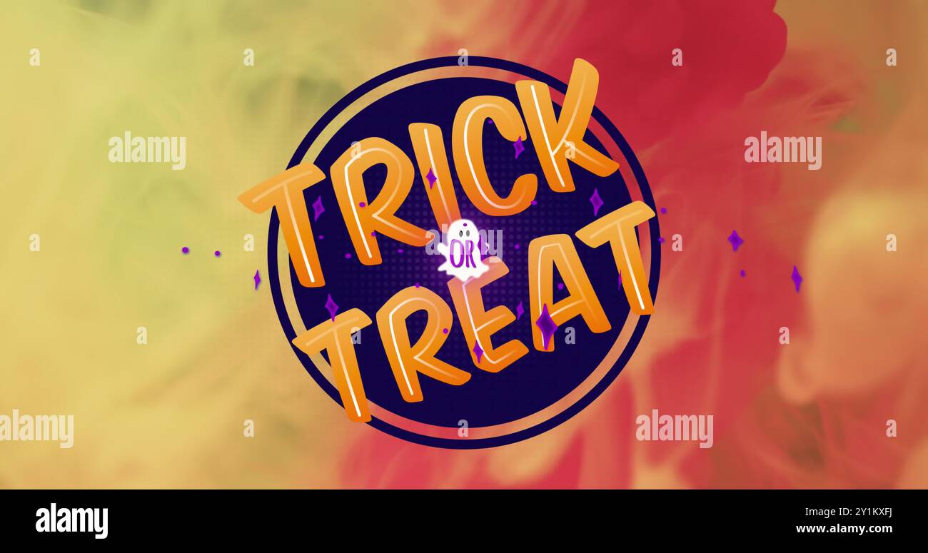 Image of trick or treat text and ghost over orange smoke background ...