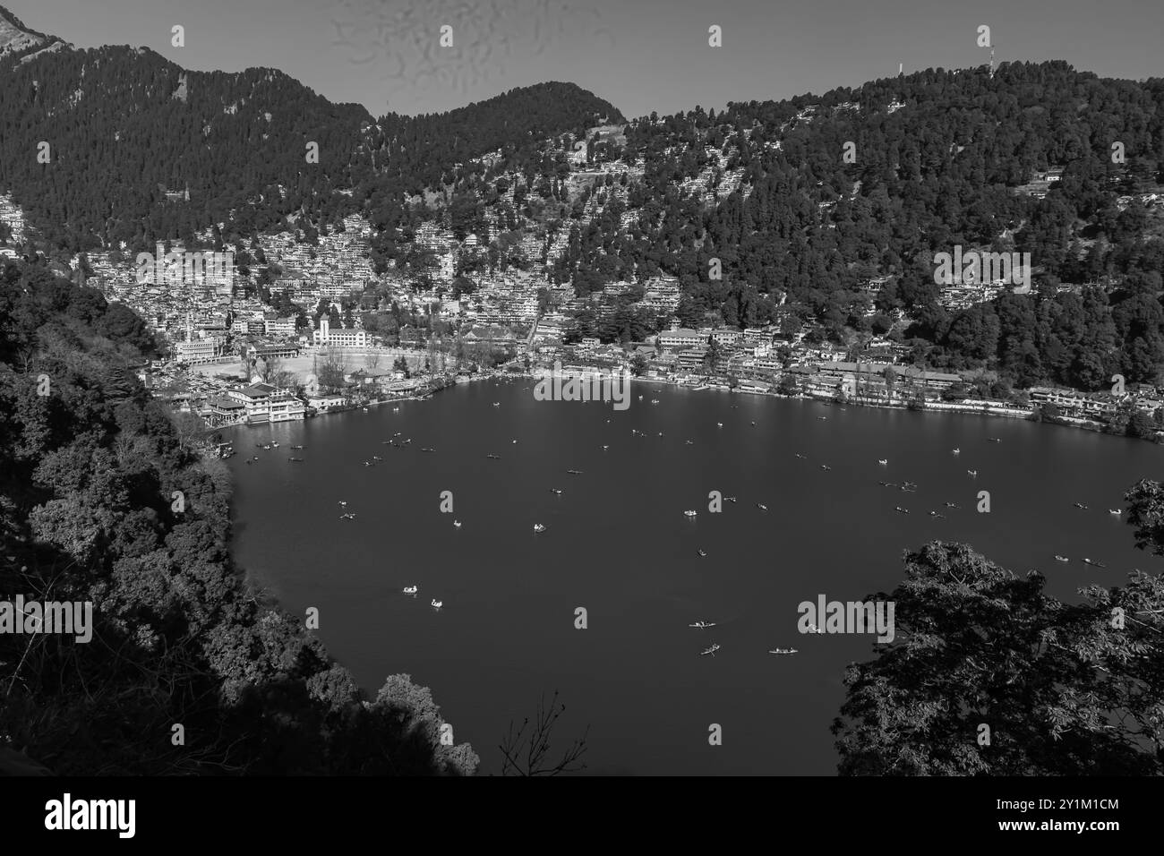 An aerial view of Naini lake and town at Nainital, India, a famous ...