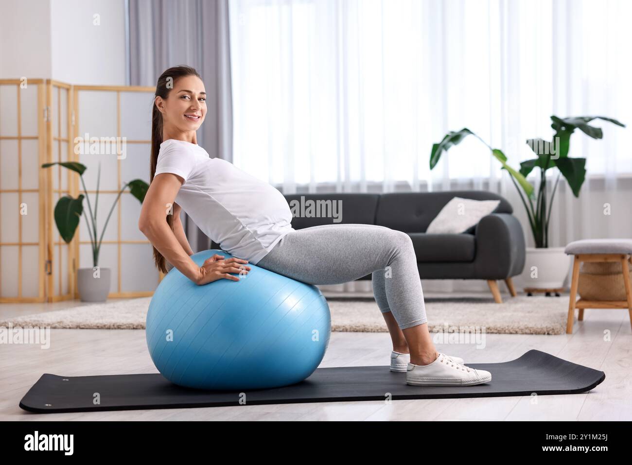 Beautiful pregnant woman doing exercises on fitball at home Stock Photo ...