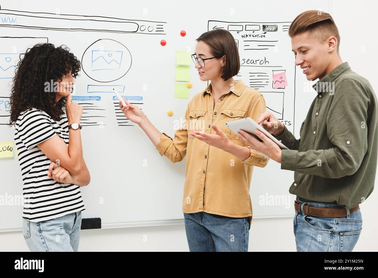 Developing UI design. People drawing website wireframe on whiteboard ...