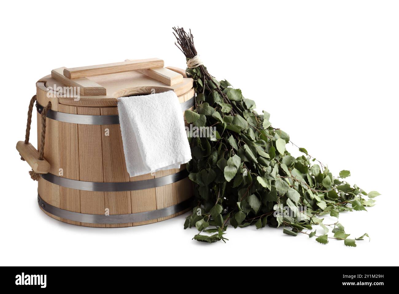 Sauna equipment. Wooden bucket, birch whisk and towel isolated on white ...