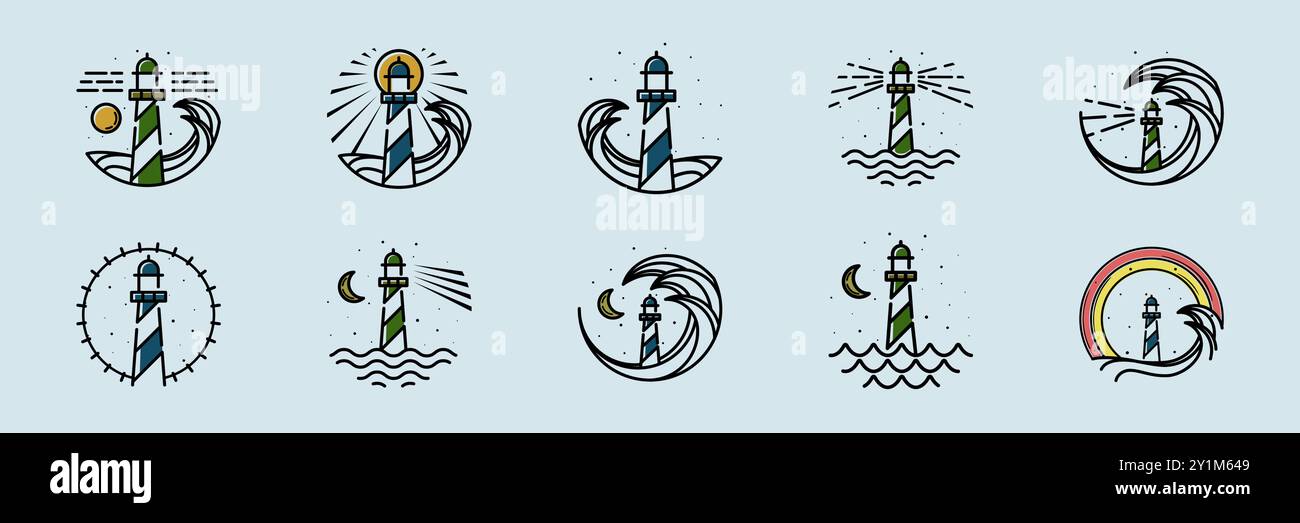 Collection of Lighthouse Vector Illustration Logo Design. Wave and ...