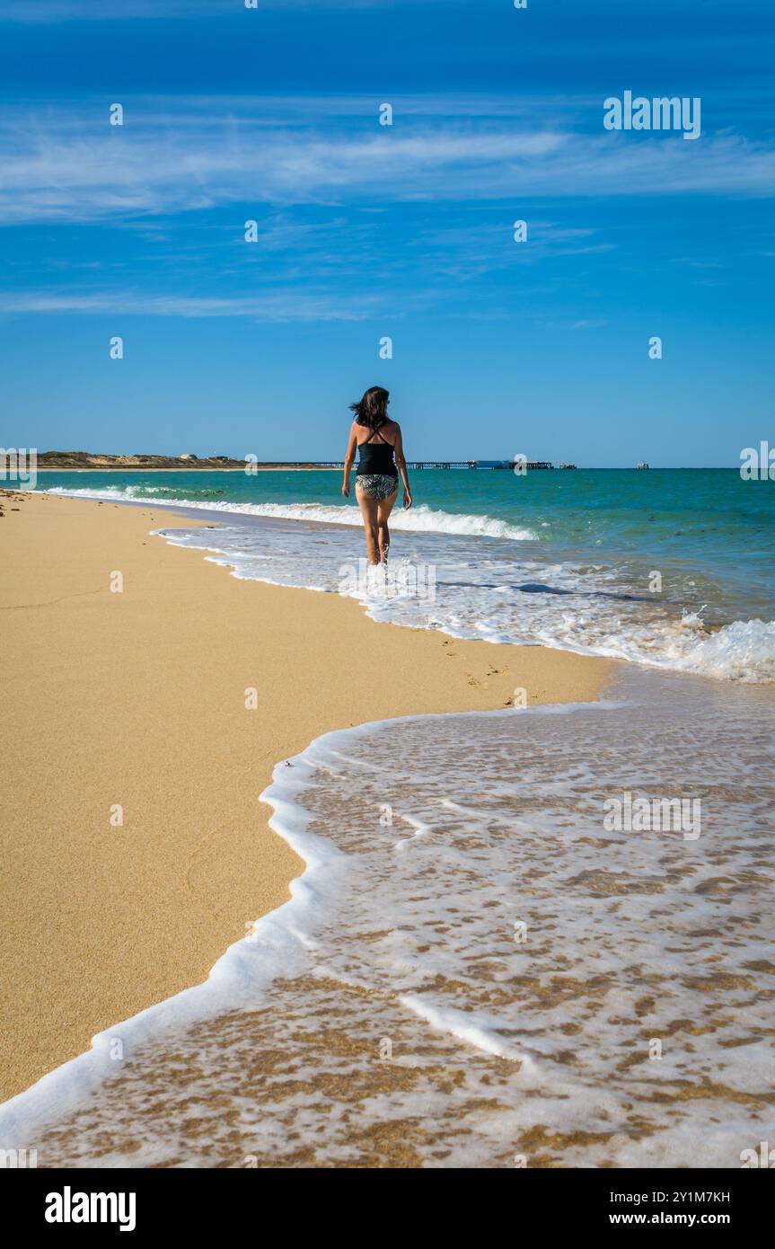 A beachcomber walks along the foaming shoreline of a pristine beach ...