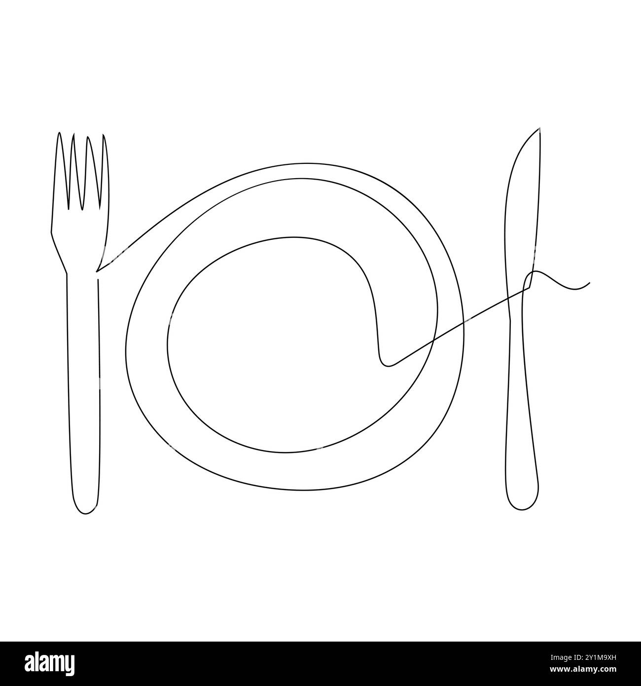 continuous, line, drawing, hand, holding, knife, fork, one, single ...