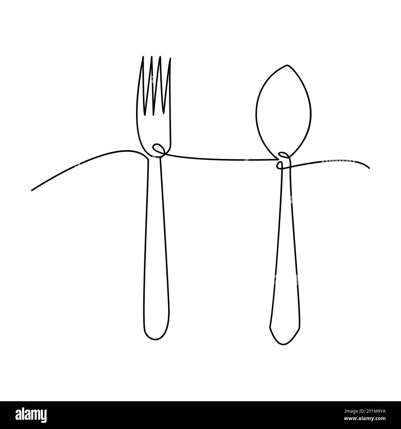 continuous, line, drawing, hand, holding, knife, fork, one, single ...