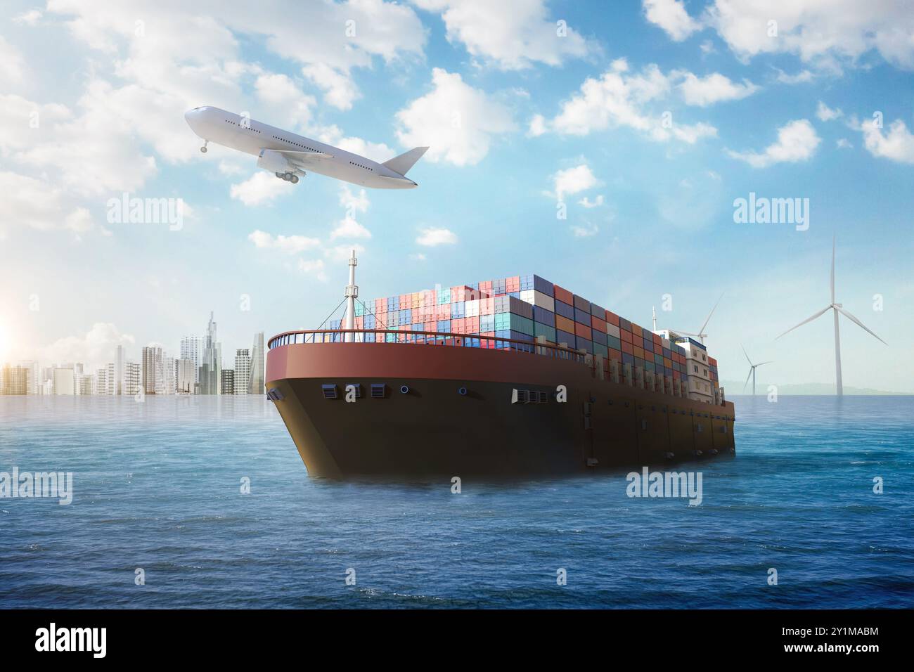 3d rendering worldwide logistic business with cargo ship and commercial ...