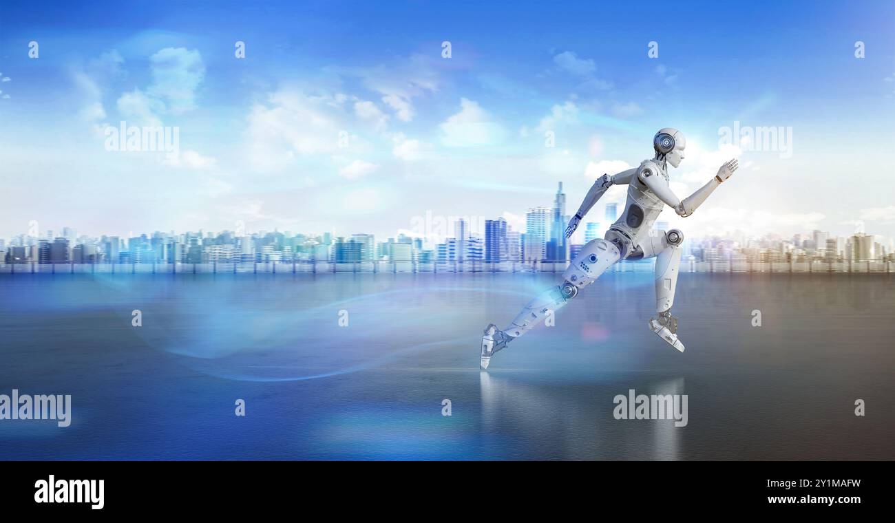 Artificial intelligence robot for smart city with 3d rendering assistant robot run or move ahead ...